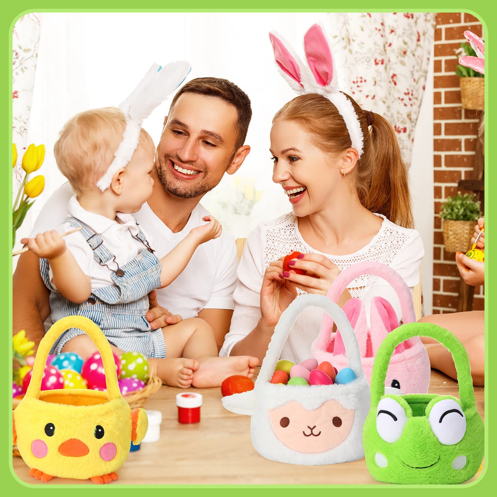 4 Pcs Easter Basket for Kids Plush Easter Bunny Chick Sheep Frog Basket Easter Egg Hunt Basket Bags with Handle for Easter Decorations Gifts Candy Toy Storage Cute Easter Gifts for Girls Boys