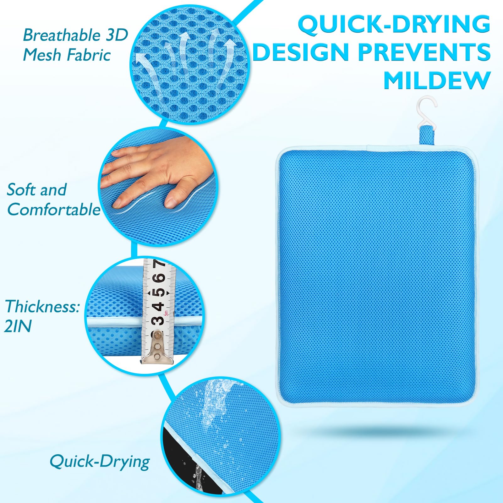 Shower Chair Cushion,3D Mesh Upholstered Transfer Stool Cushion,Foam Cushion with Hooks,Machine Washable Shower Stool Cushion for Elderly,Leg Injuries, Disabled (Cushion Only)