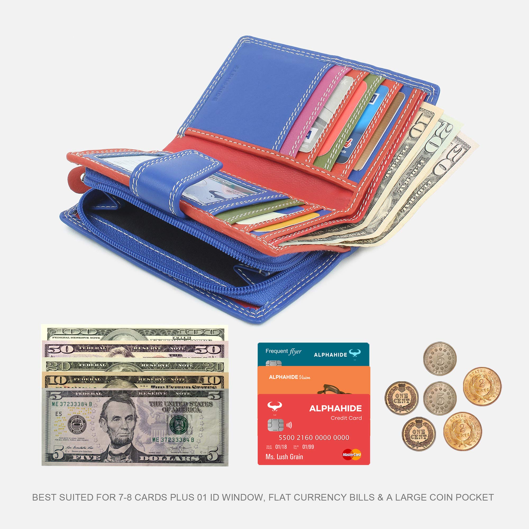 ALPHAHIDE Genuine Leather Wallet for Women - RFID Blocking Ladies Wallet - Multi Coloured Purse - Credit Card holder with Zip Coin Pocket - Gift Boxed