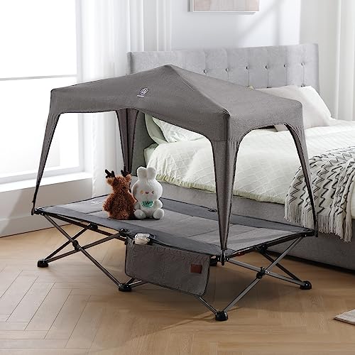 EVER ADVANCED Portable Deluxe Toddler Sleeping Cot with Canopy, Foldable Kids Camping Cot Travel Bed, with Carry Bag, for Indoor & Outdoor,140lbs, Grey