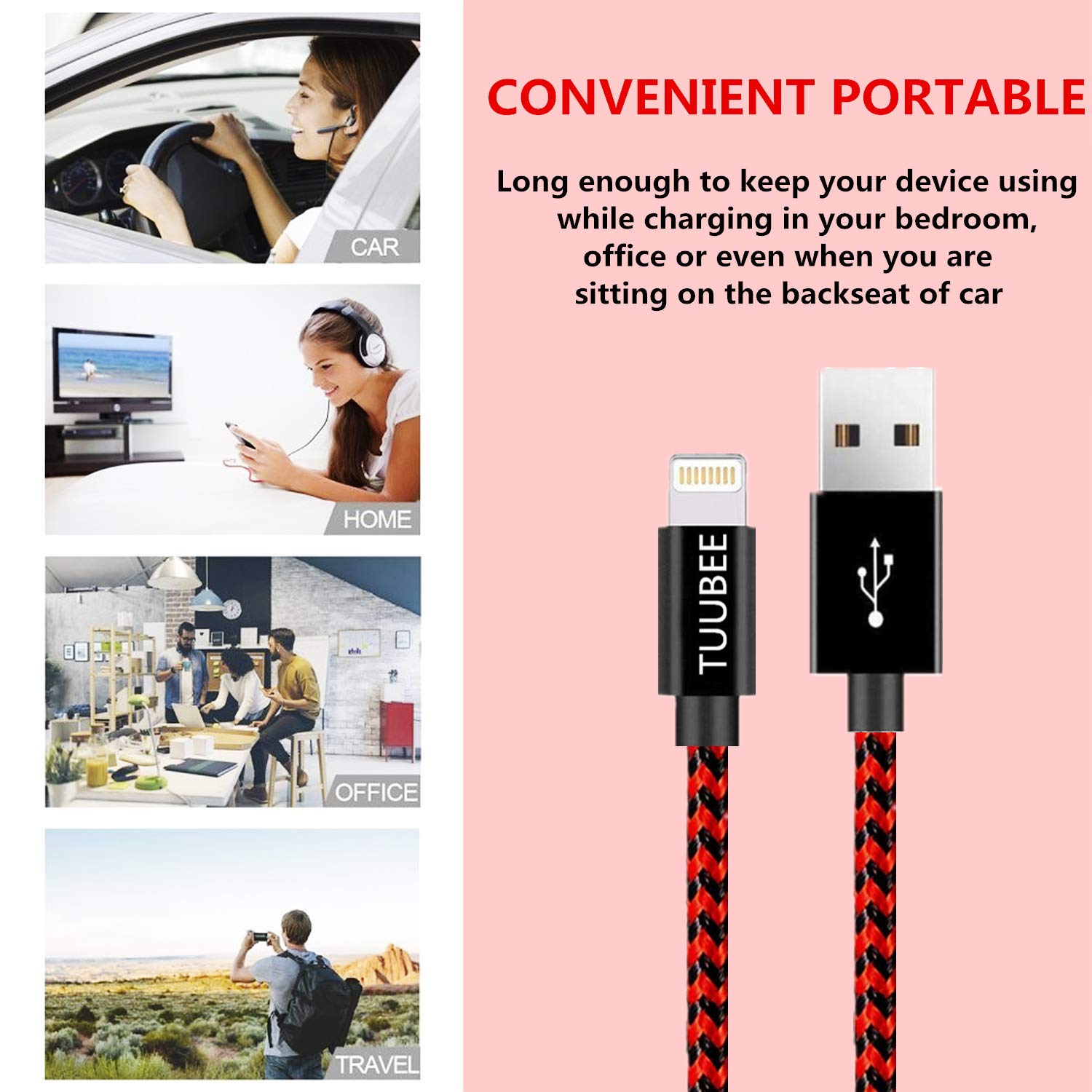 iPhone Charging Cable, 3 Pack 10FT TUUBEE Durable iPhone Charger Cable Nylon Braided Lightning Cord Fast Charging & Syncing iPhone Chargers Compatible iPhone XS/Max/XR/X/8P/8/7/6/iPad(Red&Black)