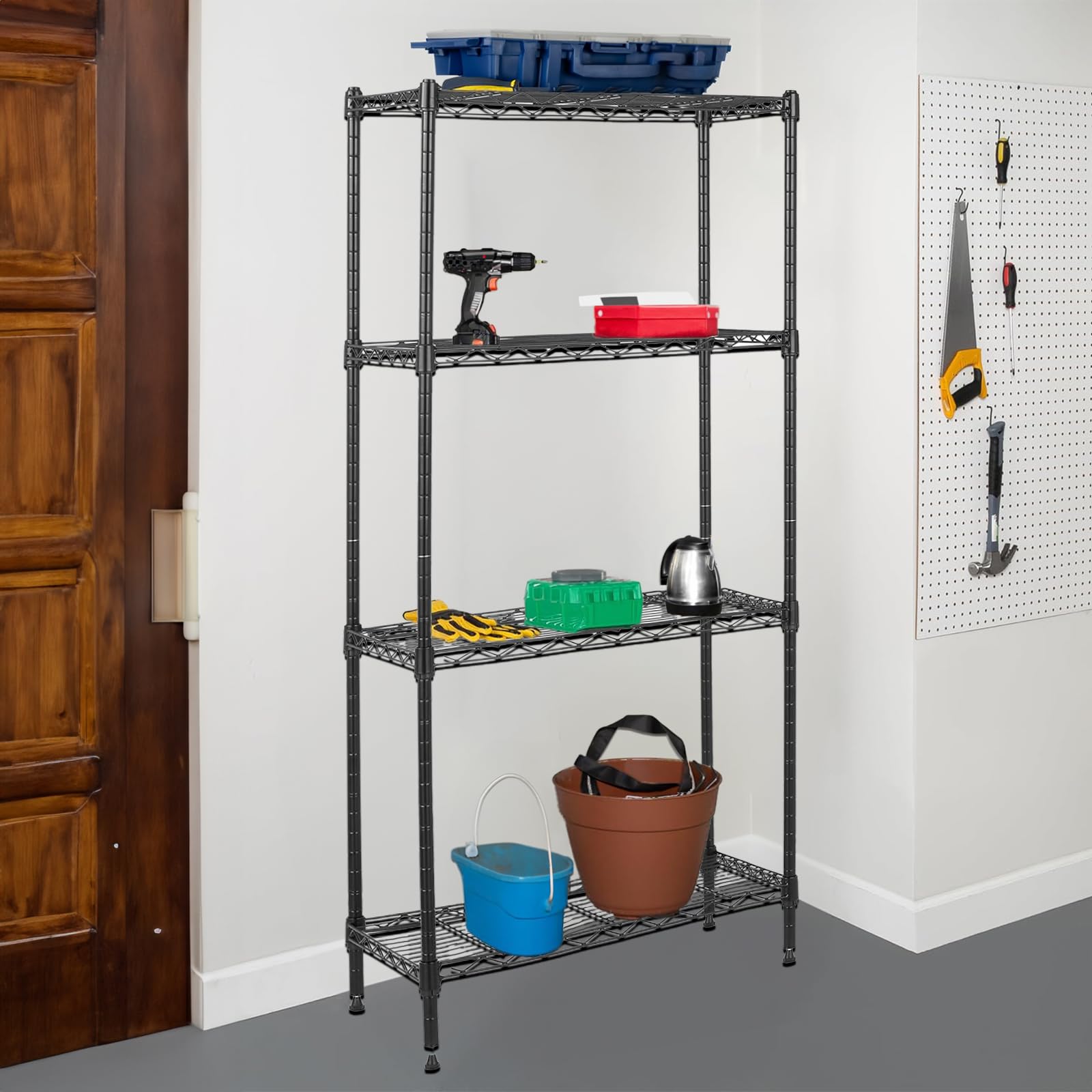 4-Shelf Adjustable,Standing Storage Shelf Units,(200 Pound Loading Capacity per Shelf) Steel Organizer Wire Rack for Laundry Bathroom Kitchen Pantry Warehouse Basement,13.4"D x 23.2"W x 48"H, Black