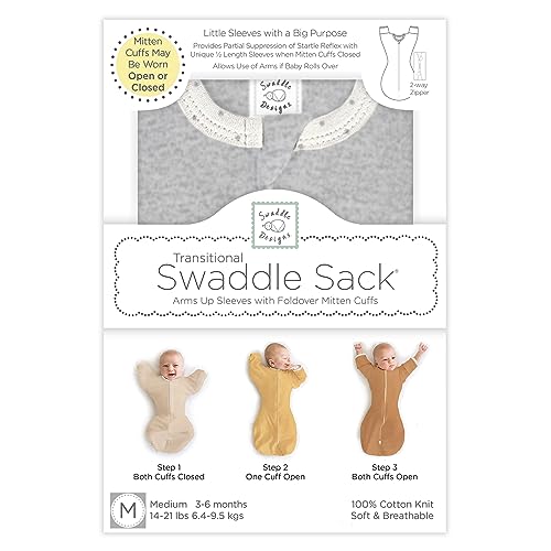 SwaddleDesigns Transitional Swaddle Sack with Arms Up Half-Length Sleeves and Mitten Cuffs, Medium, 3-6 Months, 14-21 lb, Heathered Gray (Arms Up Swaddle, Transition Swaddle Sleep Sack)