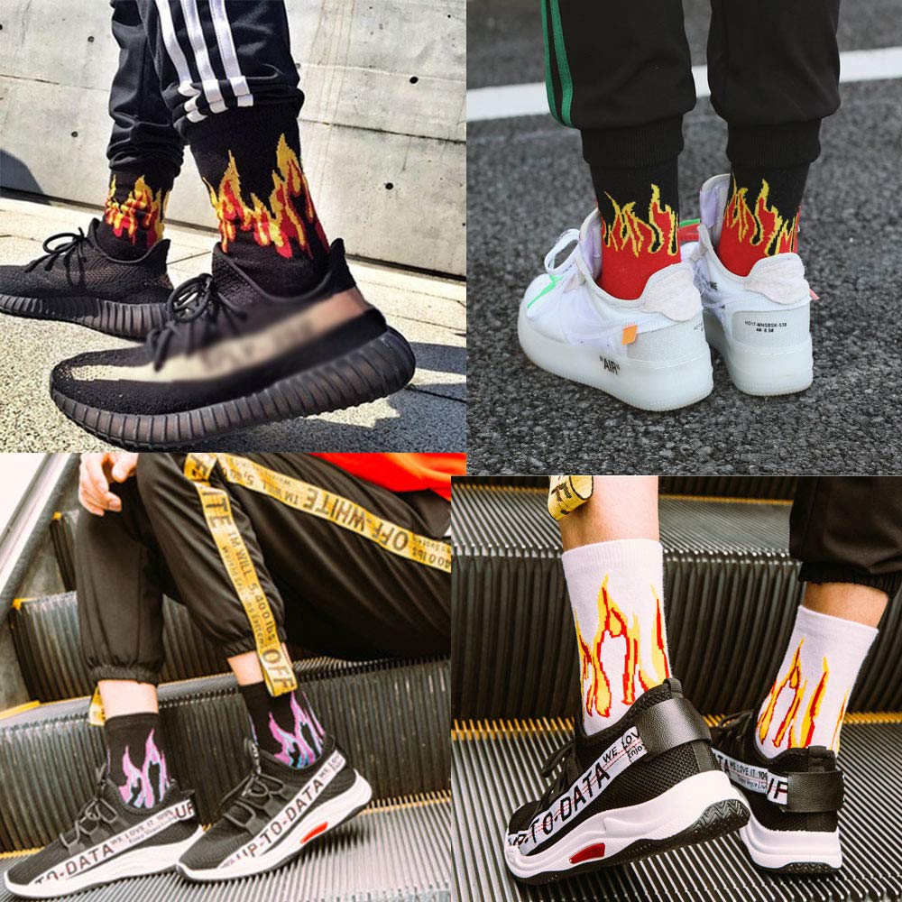 4 Packs Unisex Flame Printed Socks Fashion Hip Hop Skateboard Socks Soft-Breathable Cotton Athletic Sports Socks, Black, Medium