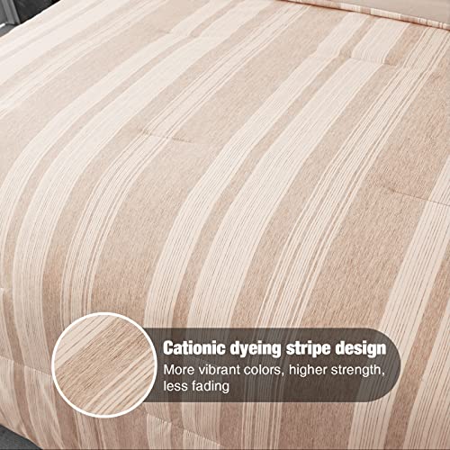 Mybedsoul Khaki Comforter Set Queen Size, Cationic Dyeing Stripes Comforter All Season Bedding Set, Soft Microfiber 7 Pieces Bed in a Bag (2 Pillow Shams, Flat Sheet, Fitted Sheet and 2 Pillowcases)