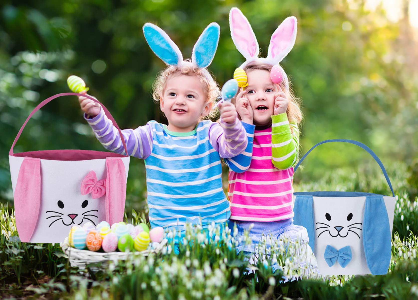 Wproo Easter Bunny Basket Egg Bags for Kids Rabbit Ear Easter Gift Bags Personalized Candy Egg Basket Rabbit with Fluffy Ears for Easter Party Favors (Blue)