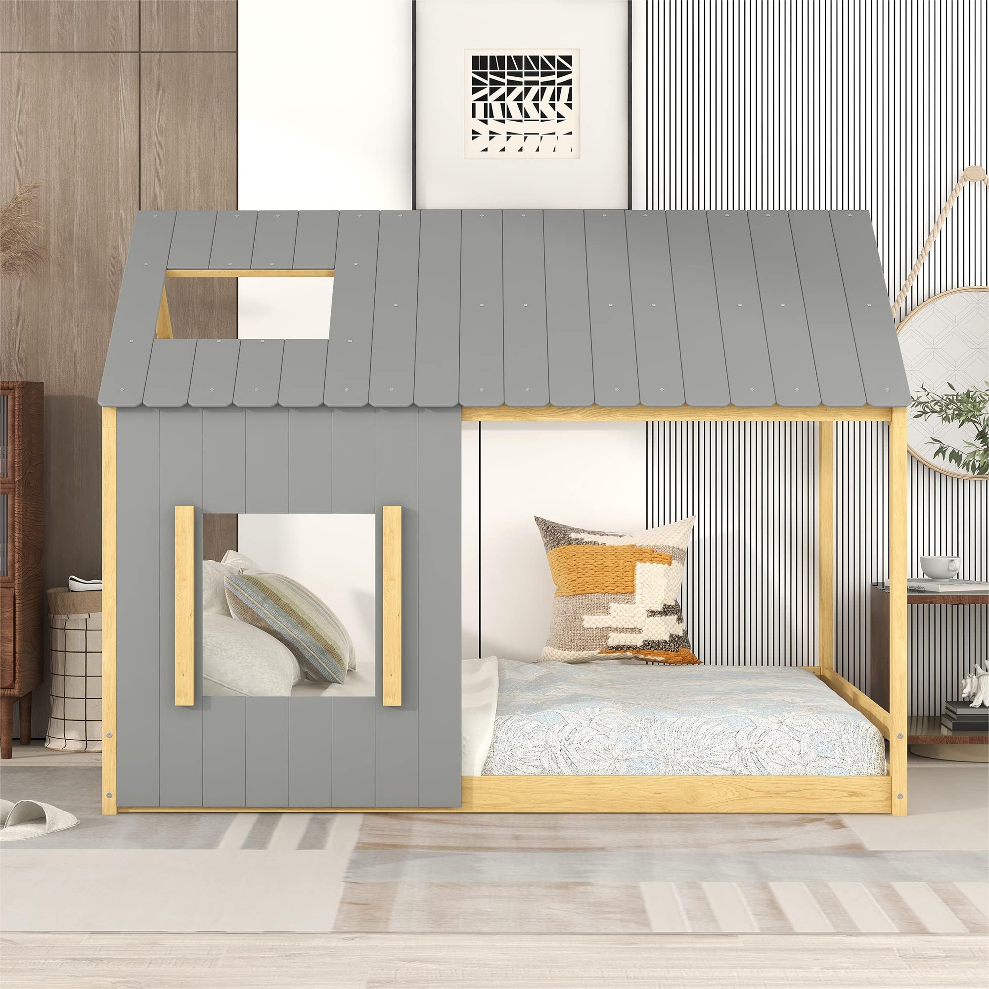 Full House Bed, Montessori Bed Full Size Floor Bed with Rails and Roof, Window, Solid Wood Platform Bed Frame with Slats, for Kids Teens Girls Boys (Full Size, Gray+Natural)