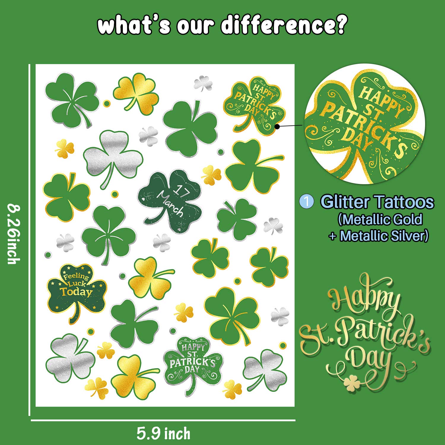 Partywind 64 PCS St Patrick's Day Temporary Tattoos, Metallic Glitter Shamrock Face Stickers for Saint Patrick's Day Decorations Party Favors, Irish Shamrock Decor for Women, Men, Kids (2 Sheets)