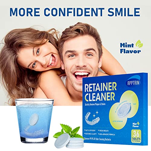 APPTRIN Retainer Cleaner Tablets Denture Cleansing Tablets for Night & Mouth Guard, False Teeth Cleaning, Removes Odors Stains Plaque Mint Flaver (White 36Pcs)