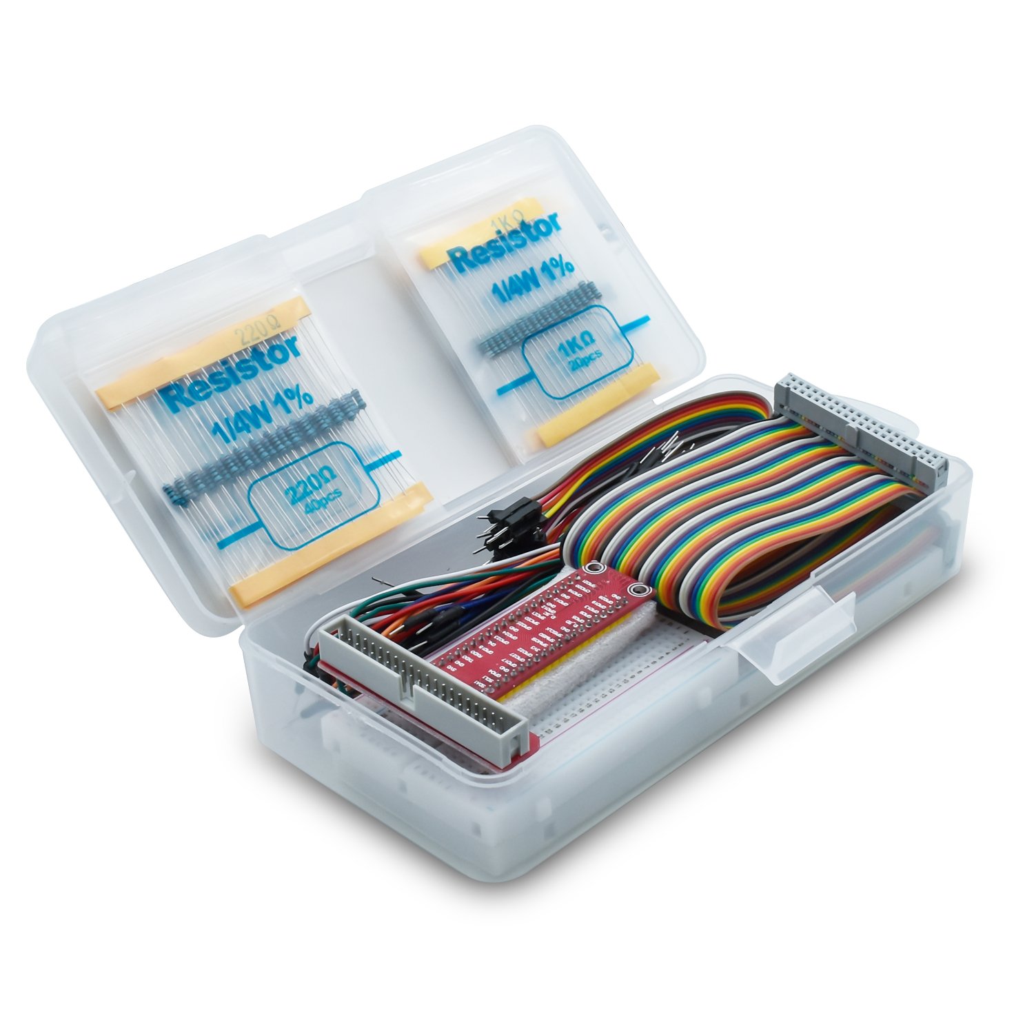 REXQualis Accessories kit Compatible with Raspberry Pi 4 3B+ 3B 2B B+ A+ Zero w/Solderless Breadboard + GPIO T Type Expansion Board + Jumper Wires + Rainbow Ribbon Cable + Resistors
