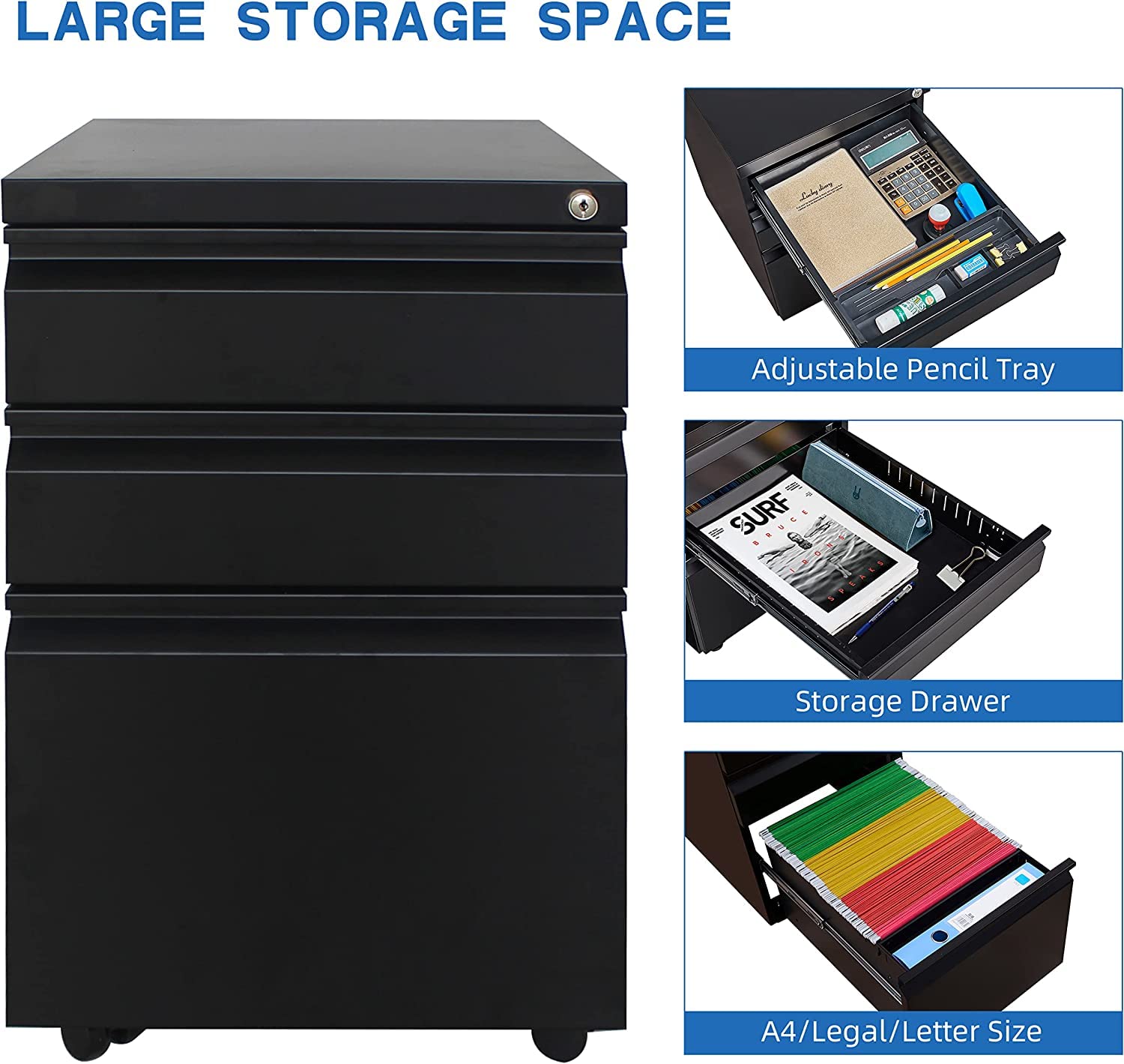 3 Drawer Locking File Cabinet, Under Desk Metal Filing Cabinet for Legal/Letter/A4 File, Fully Assembled Include Wheels, Home/Office Design (Black)