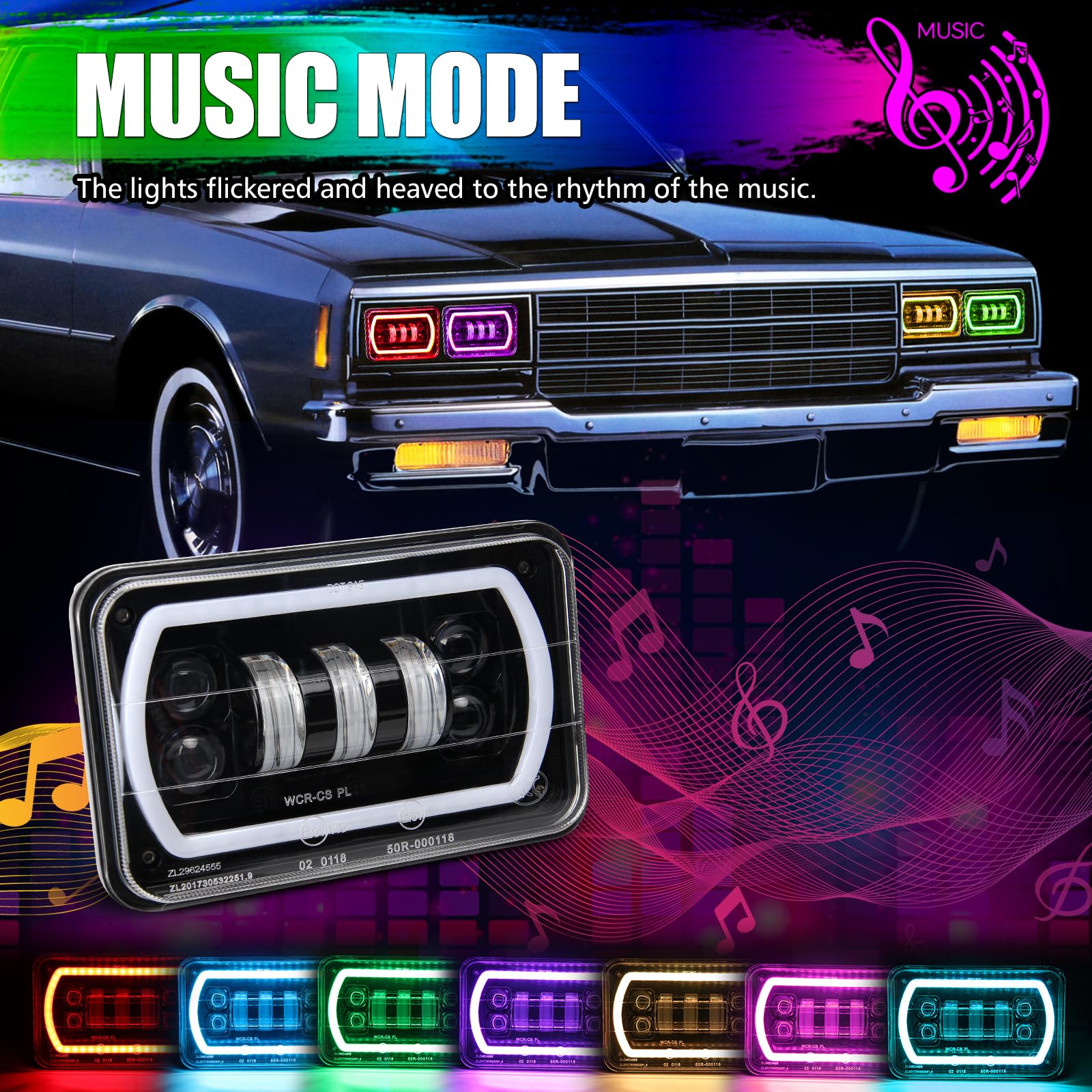 4x6 Led Headlight RGB Halo Ring, Music Mode, Smartphone APP Control, Seal Beam Replace H4651 H4656 H4666 Rectangular Square Headlights for Trucks Peterbilt Kenworth Monte Carlo Oldsmobile (2PC Pack)