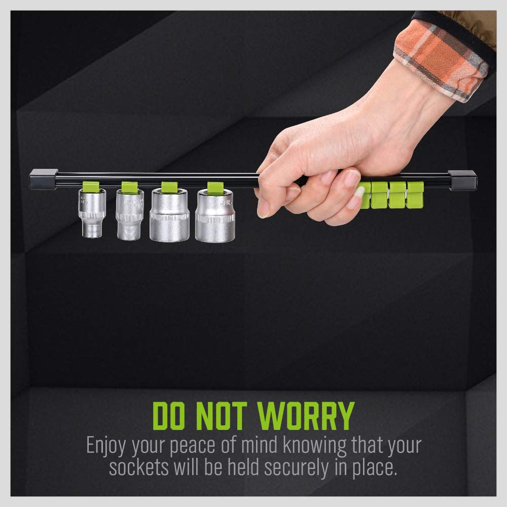6-Piece Socket Organizer Drive Socket Holder Set - Socket Rails with 1/4-Inch, 3/8-Inch, 1/2-Inch Clips - Secure, Universal Compatibility - Heavy-Duty ABS Construction, Easy to Install