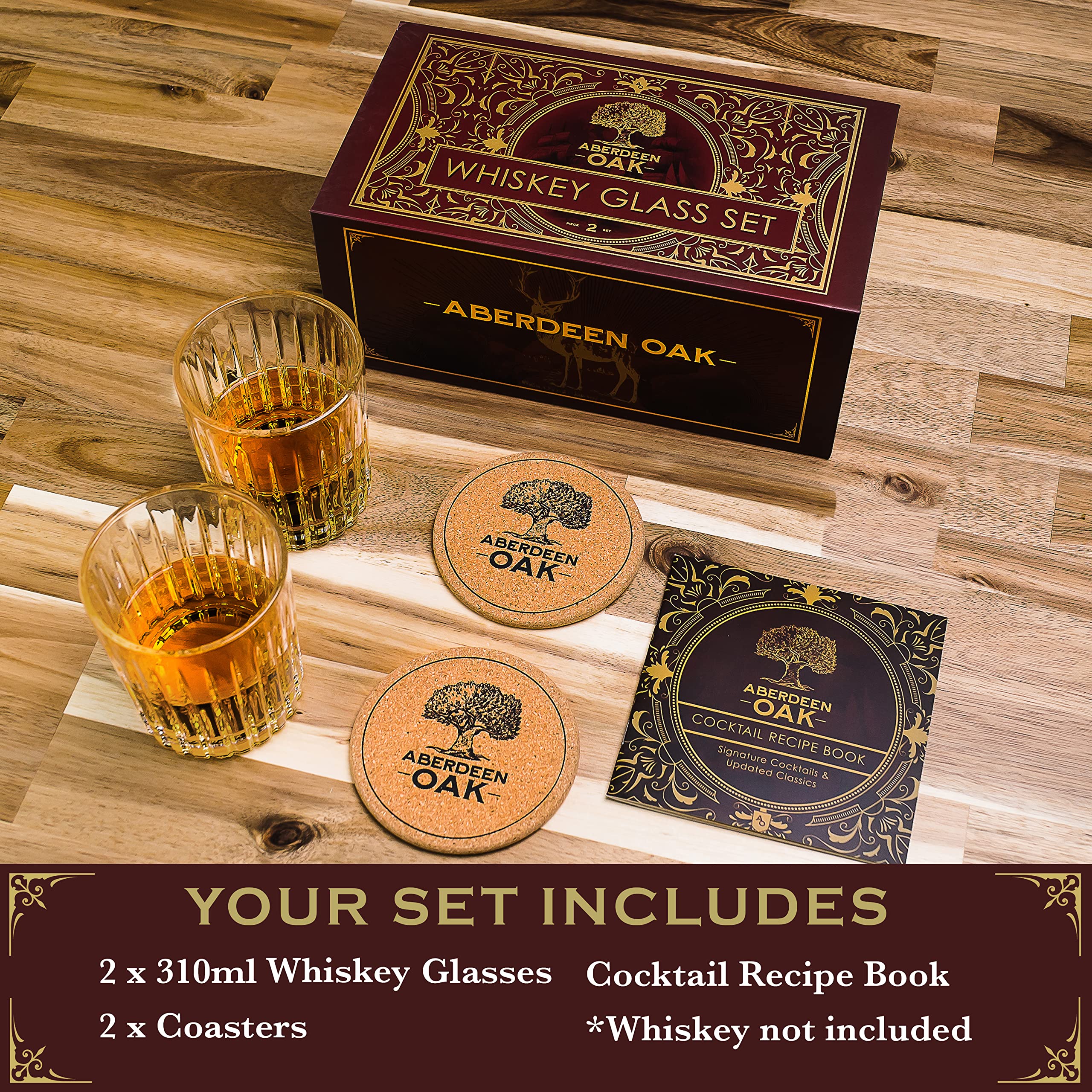 Aberdeen Oak Crystal Whiskey Glasses Set - Timeless Old Fashioned Liquor Glass with Coasters - Perfect for Bourbon & Cocktails, Ideal Gift for Men & Whisky Enthusiasts - 2 Piece Set