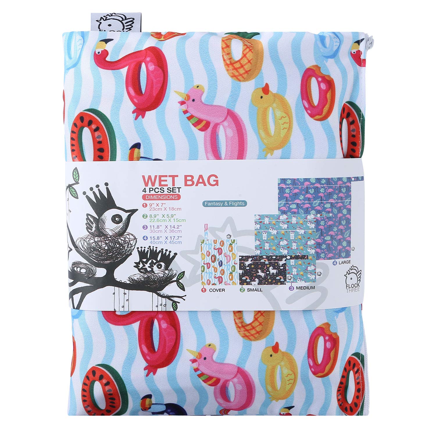 Waterproof and Reusable Wet Bag Diaper Stroller Water Resistant Swimsuit Travel Toiletries Yoga Gym Washable Carrier Small Medium Large Flamingo 4 Pack