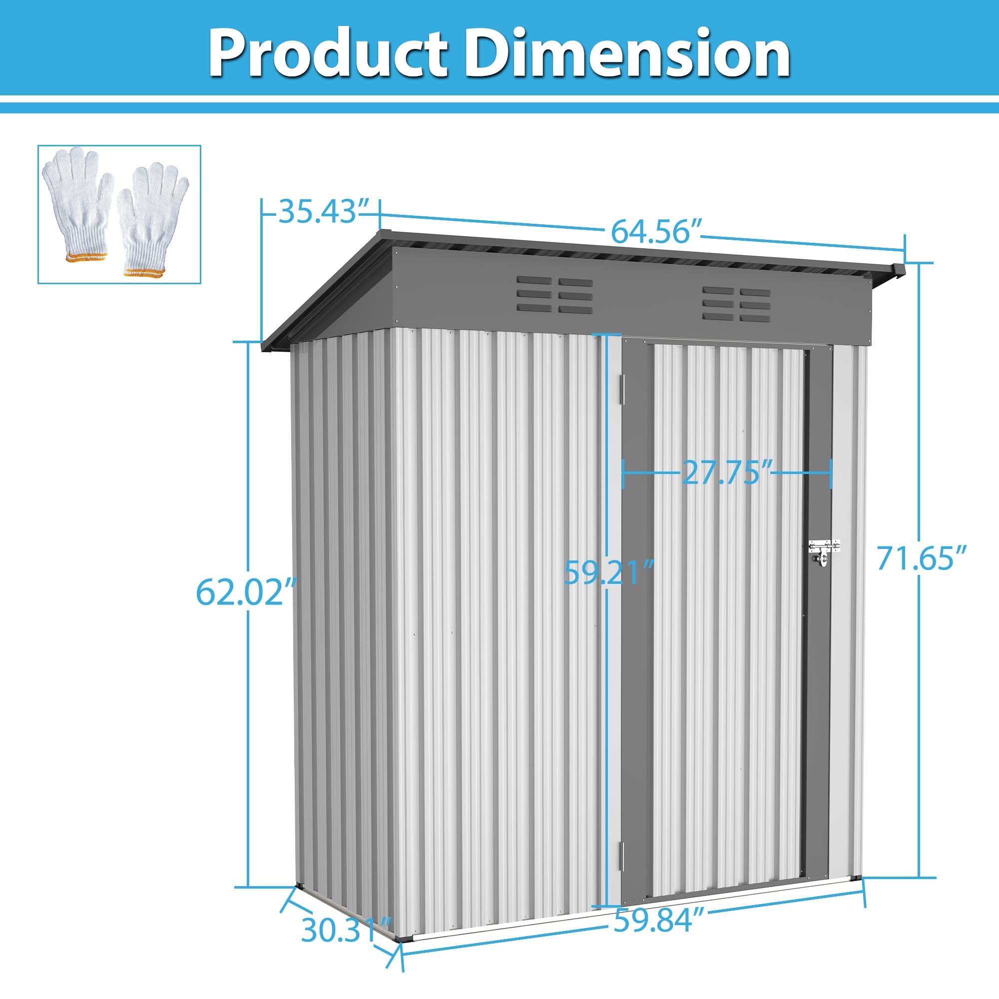 Jintop 5X3 FT Outdoor Storage Shed with Pent Roof and 2 Punched Vents,Galvanized Metal Garden Sheds w/Lockable Doors,Hinged Door & Padlock,for Patio Lawn Backyard Trash Cans Tool,White+Grey