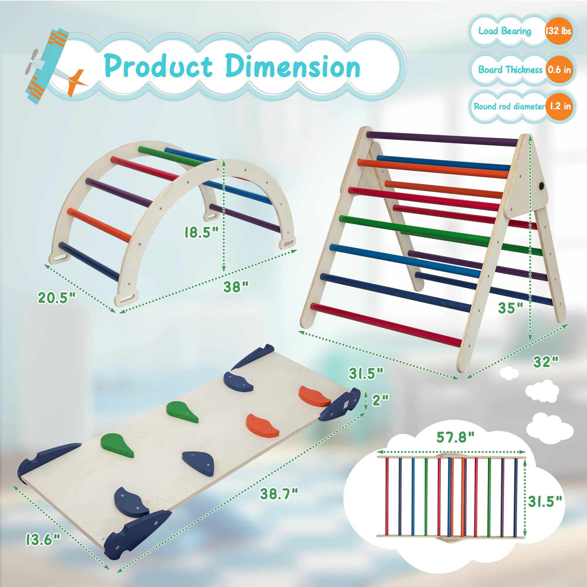 3 in 1 Foldable Triangle Ladder, Pikler Triangle Climber with Ramp, Sturdy Wooden Toddler Climbing Toys for Toddlers 1-3. with Climbing Triangle/Arch/ramp.Multicolourā¦