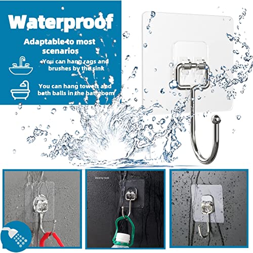 Apwzv Adhesive Hooks Kitchen Wall Hangers - 10 Pack Heavy Duty 40lb (Max) Nail Free Adhesive Hooks.Transparent Waterproof with Stainless Steel Hooks,Reusable Utility Towel Bathroom Ceiling Hooks.