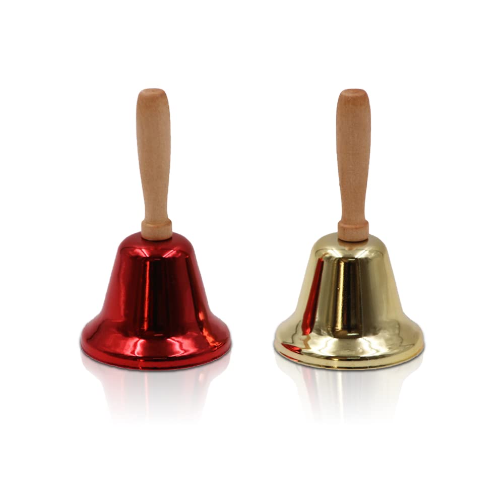 2Pcs Hand Bell - Hand Call Bell Christmas Bells with Handle for Kids and Adults, Hand Bells for Sporting Events Wedding Classroom Church Service and Game (Gold&Red)