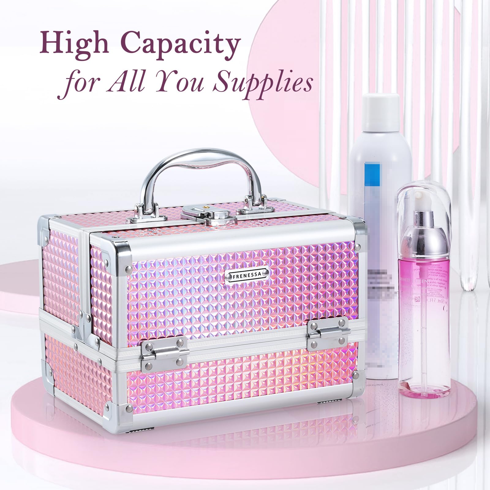 FRENESSA Makeup Train Case Cosmetic Case Organizer Portable Makeup Box 2 Trays with Lockable Mirror Makeup Storage Organizer for Girls Makeup Artist Makeup Tools Travel Makeup Case Glitter Pink