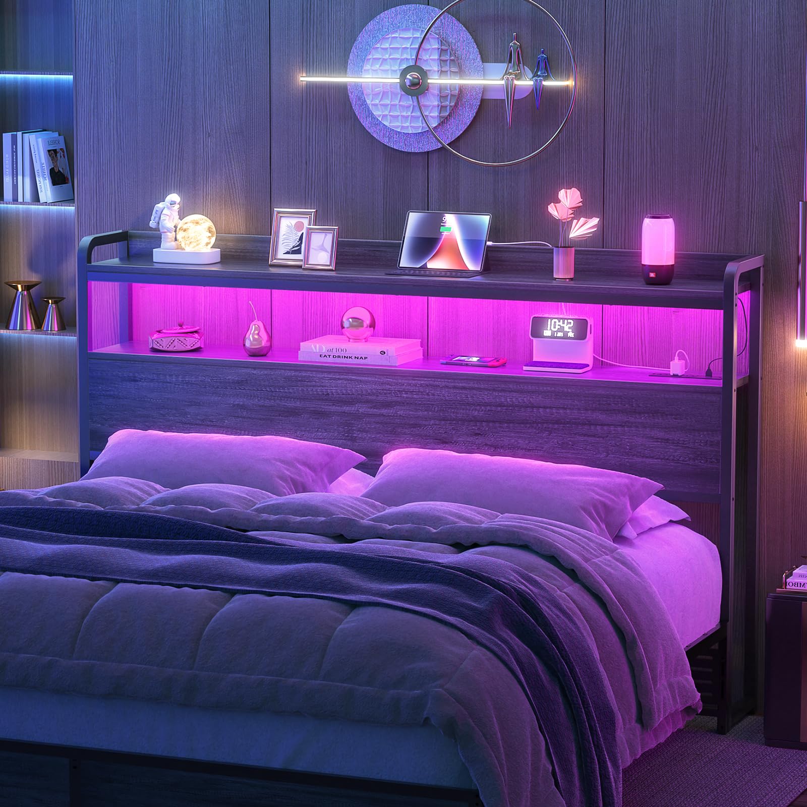 Aheaplus Headboard for Full Size Bed Frame, Headboards with Outlets, USB Ports and LED Light, Head Board with Storage, Height Adjustable, Sturdy and Stable Headboard, Full Size, Black Oak