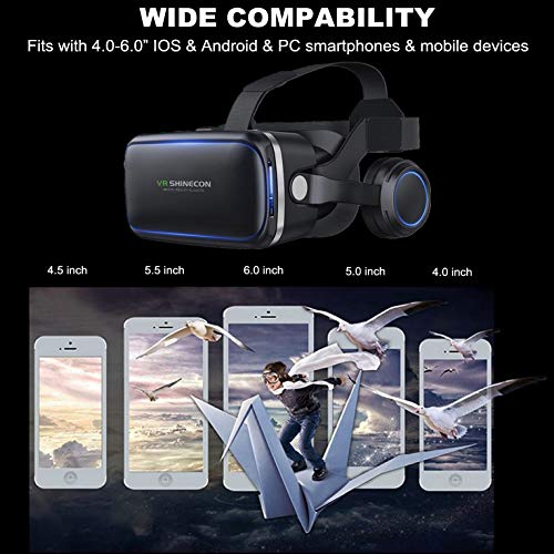 VR Glass Virtual Reality Headset w/ Remote & Headphone for iPhone 11 Pro XS XR X 8 7 6 S +, Samsung Galaxy S10 E S9 S8 S7 S6 Edge, 3D VR Goggle for 3D Movie & Game for iOS & Android Smartphone, Black