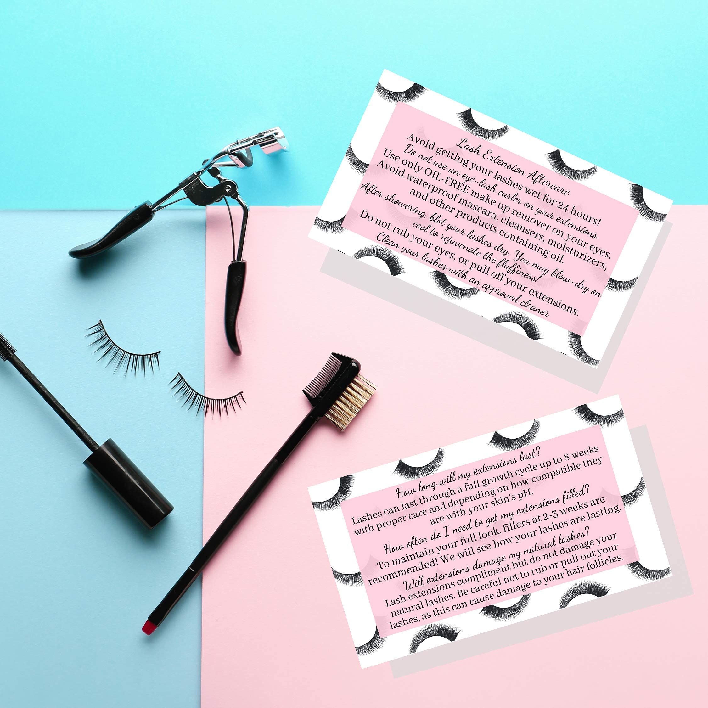 Lash Extension Aftercare Cards | 50 Pack | Eyelash Extension Supplies | Lash Print & Pink Design | Size 3.5 x 2" inches | After Care (2-3 Week Fillers)