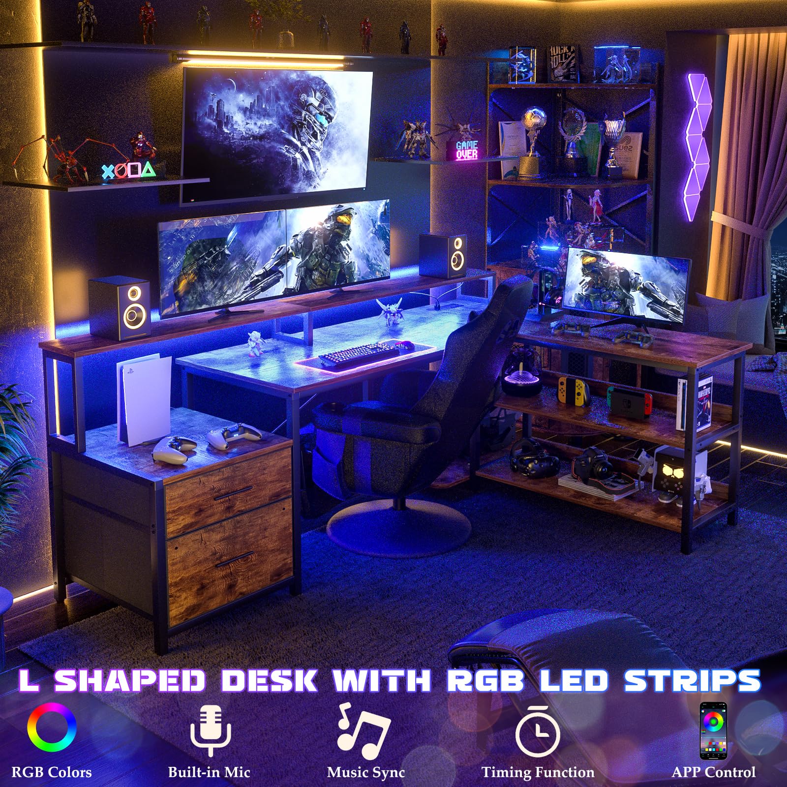 Aheaplus L Shaped Desk with File Drawer, 72.8" Reversible L Shaped Computer Desk with Power Outlet & LED Strip, Gaming Desk with Monitor Stand, Office Desk Corner Desk with Storage Shelf, Rustic Brown