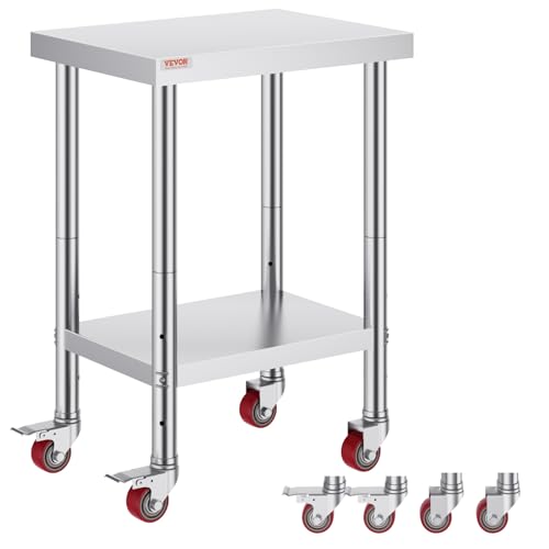 Mophorn 24x18x34 Inch Stainless Steel Work Table 3-Stage Adjustable Shelf with 4 Wheels Heavy Duty Commercial Food Prep Worktable with Brake for Kitchen Prep Work