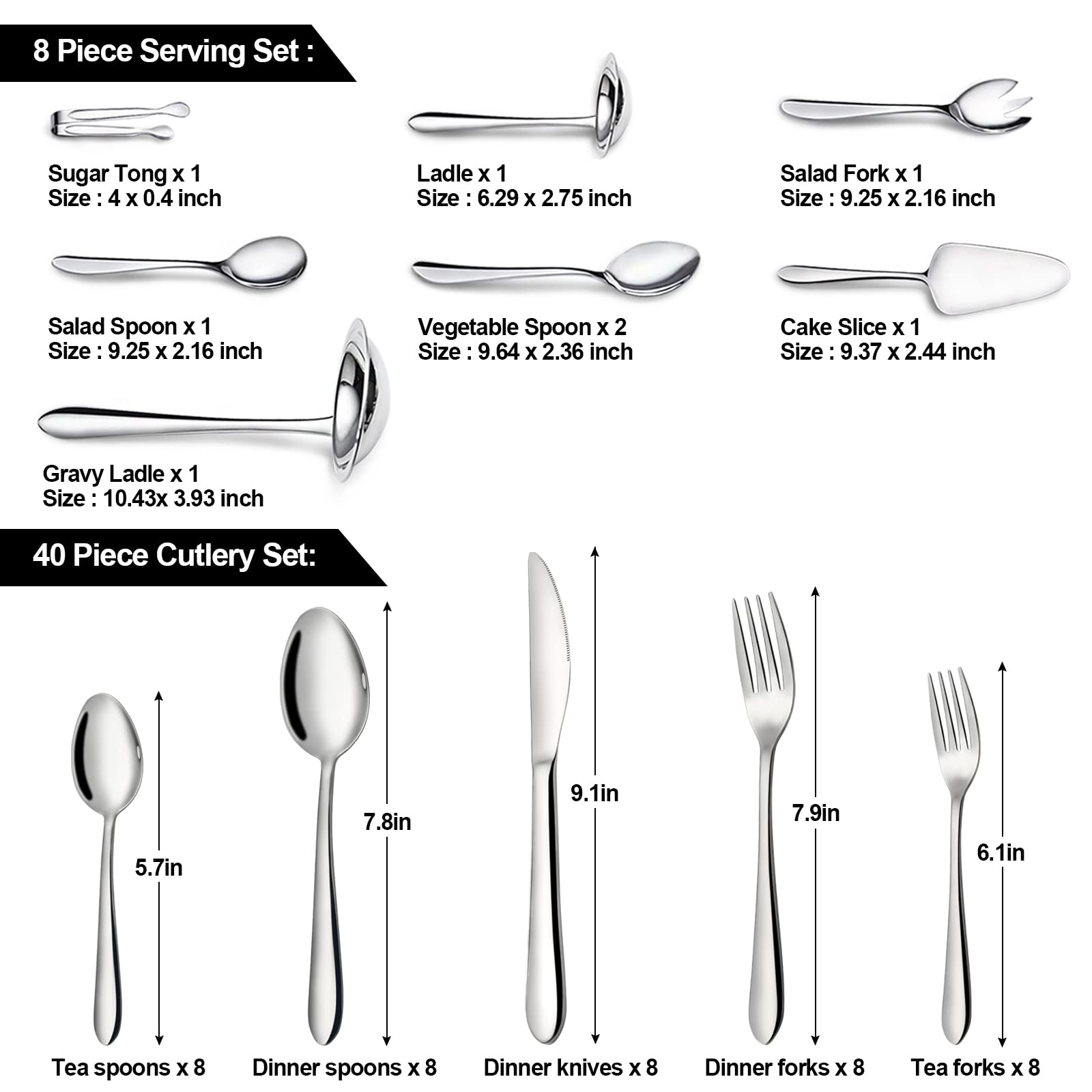 48-Piece Silverware Set with Serving Utensils, Service for 8, Stainless Steel Flatware Cutlery Set for Home Kitchen Restaurant Hotel, Mirror Polished, Dishwasher Safe, House Warming Gifts