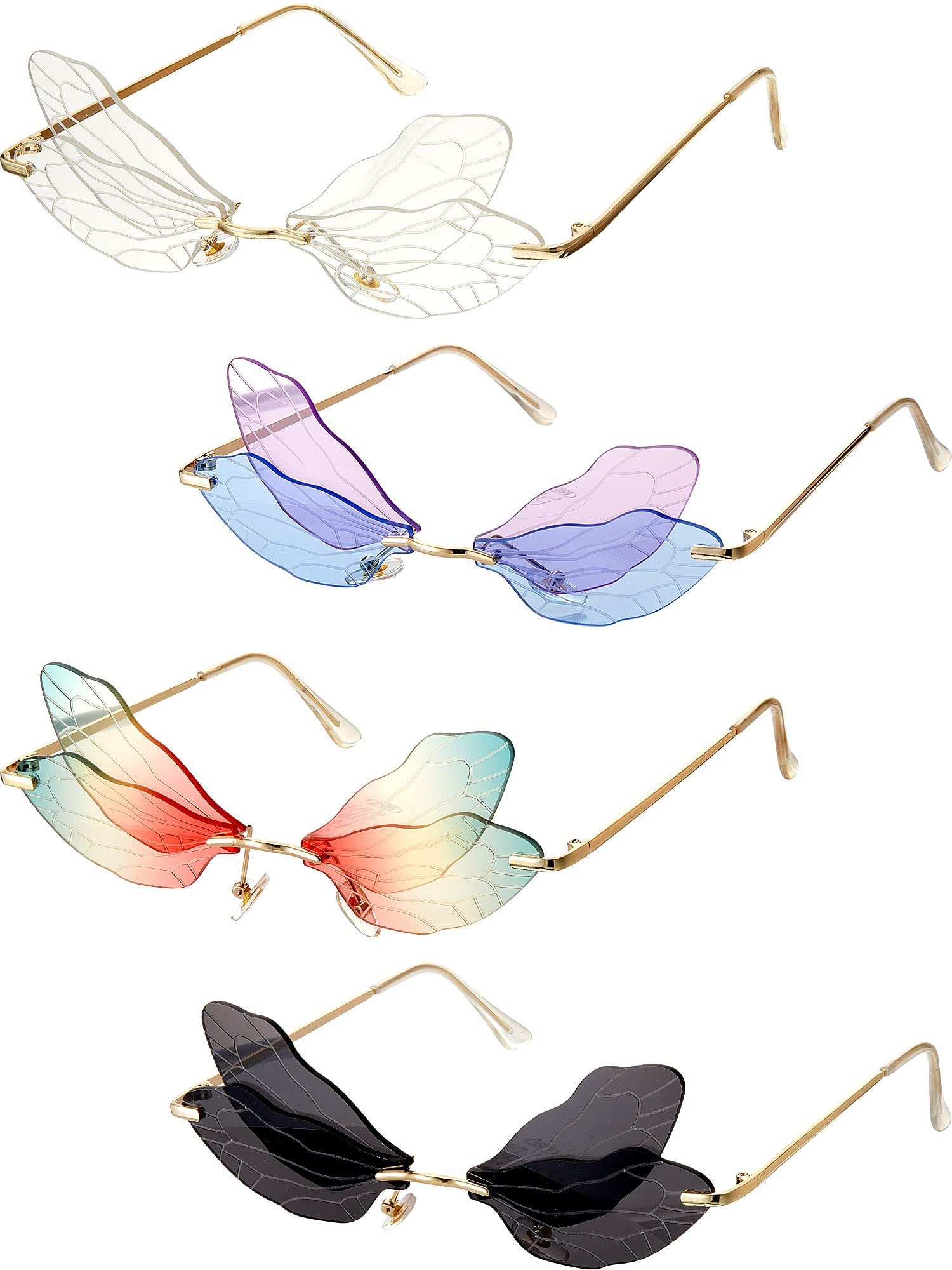 4 Pairs Dragonfly Rimless Sunglasses Fairy Frameless Irregular Vintage Eyewear for Women Men Party (Cute Colors)