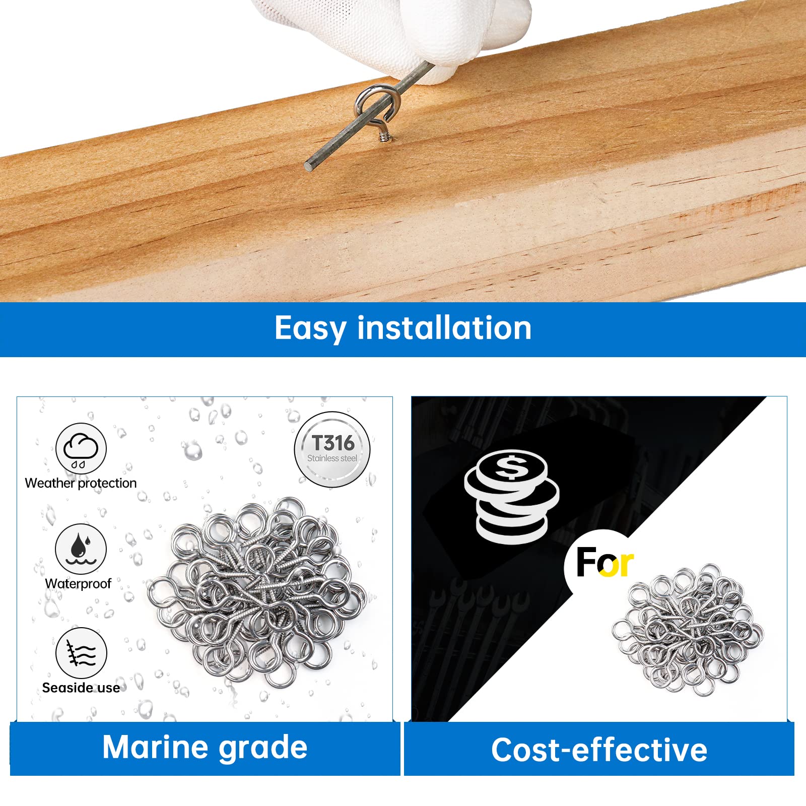 Muzata 50pack 7/8’’ M3 Screw Eye Hook Wood Screws Metal Hook T316 Stainless Steel for Wood Securing Cable Wire Terminal Ring Eyelet Self Tapping Eye Bolt Indoor Outdoor CN18 HN2