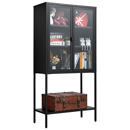 MATICO Metal Storage Cabinet, 59"(H) x30(L), Freestanding Pantry Locker, Accent Display Bookcase with Glass Doors, Modern Organizer Cupboard for Office, Living Room, Kitchen Console Sideboard, Black