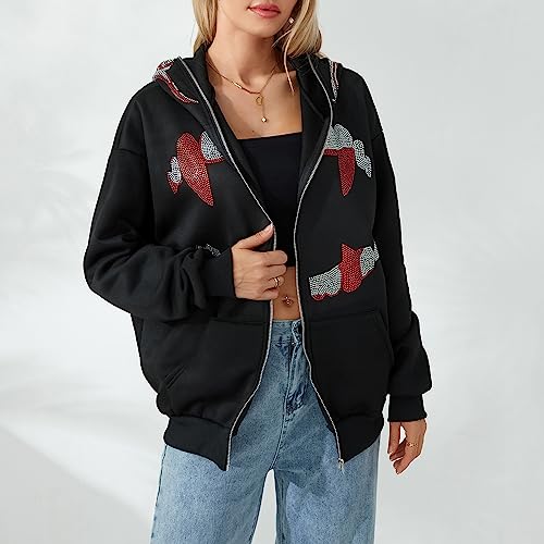 Amiblvowa Y2k Women Zip Up Hoodies Rhinestone Graphic Sweatshirts Skeleton Spider Aesthetic Oversized Jacket Goth Clothing (Primary Black Red Skull, M)