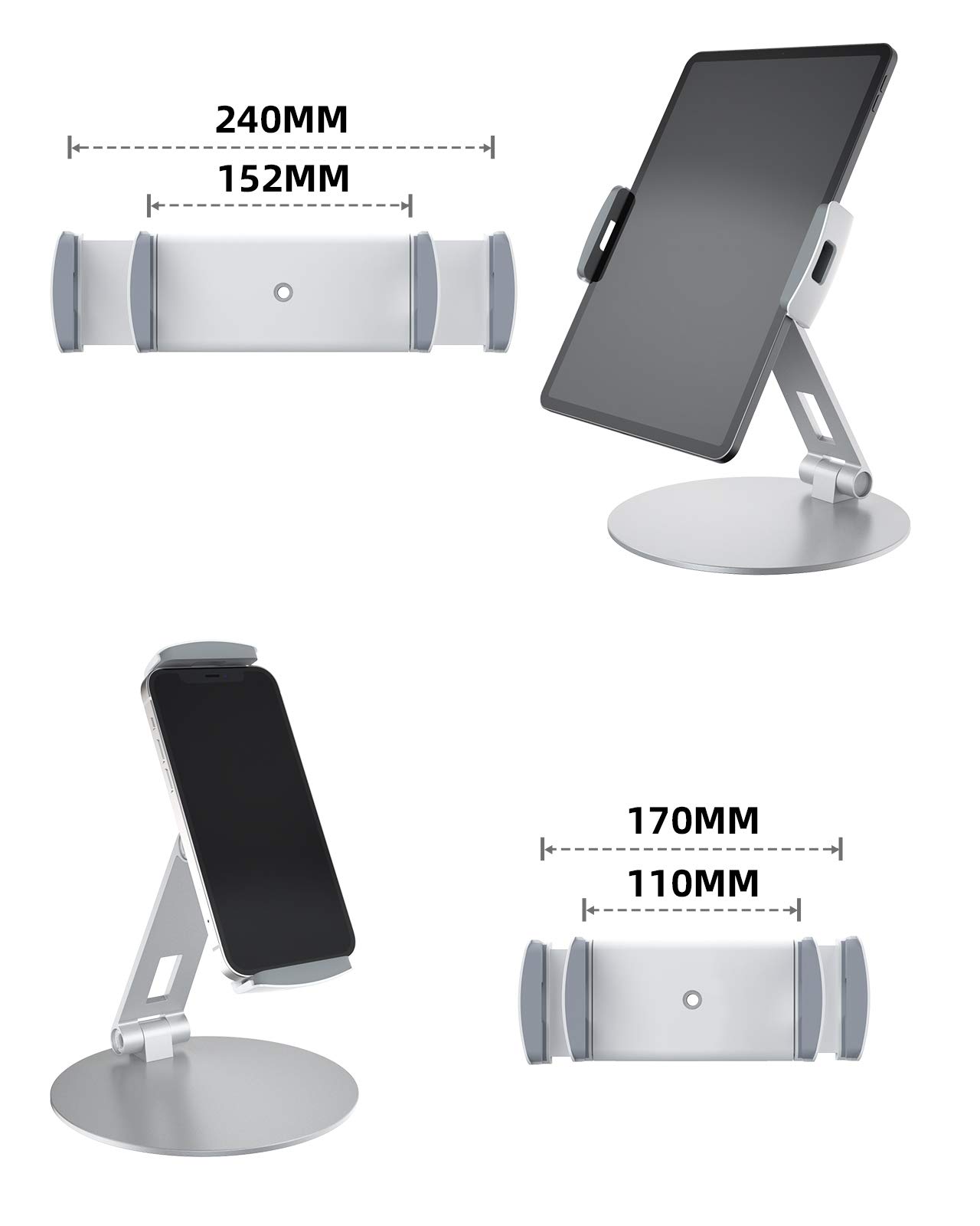 Stouchi Tablet Stand, 360°Tablet Swivel Base Holder Galaxy Tab S8, Adjustable Desk Mount for iPad Mini 2021,Galaxy S22, POS Kiosk, Surface Pro 4, iPad Pro/Air fits 4-14” Tablet & Phone Silver
