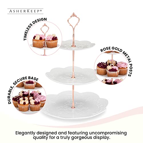 AsherKeep 3 Tier Cupcake Stand - Dessert Table Display Set, Tiered Serving Cake Tray, White Embossed Dessert Stand, Parties Serving Plate, Decorative Centerpiece to Any Occasion - (Round)