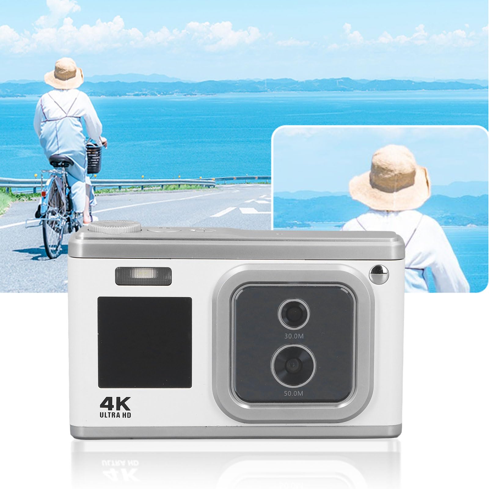 4K Digital Camera with Flash, 50MP Digital Camera for Photography and Video Autofocus Anti Shake, Travel Portable Camera with Battery, 16X Zoom Vlogging Camera (White)