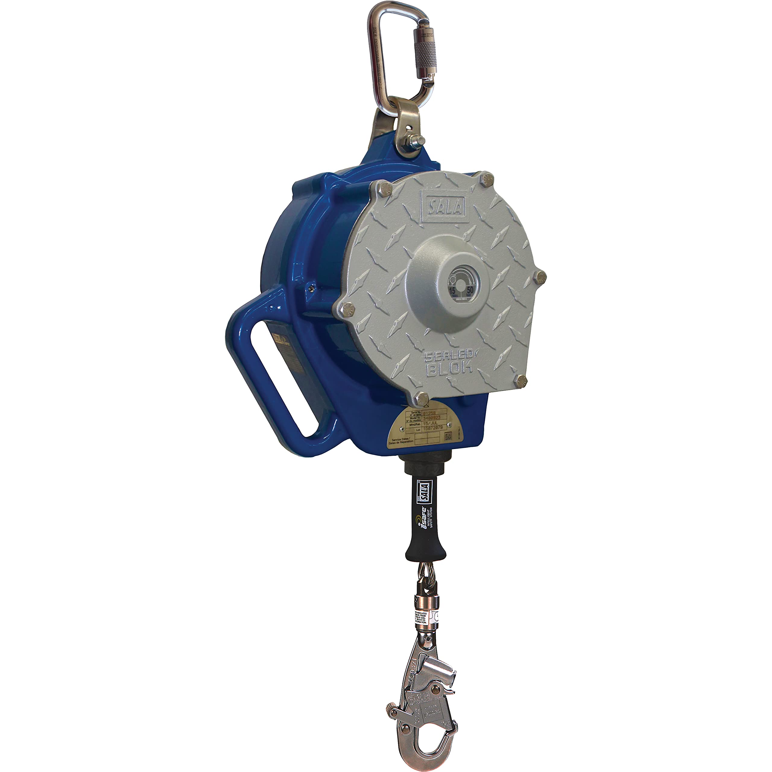 3M DBI-SALA Sealed-Blok 3400902 Self Retracting Lifeline 50' 3/16"" Cable, Swivel Snap Hook, 4' Cable Tie-Off Adaptor, MountBracket, Carabineer, Blue