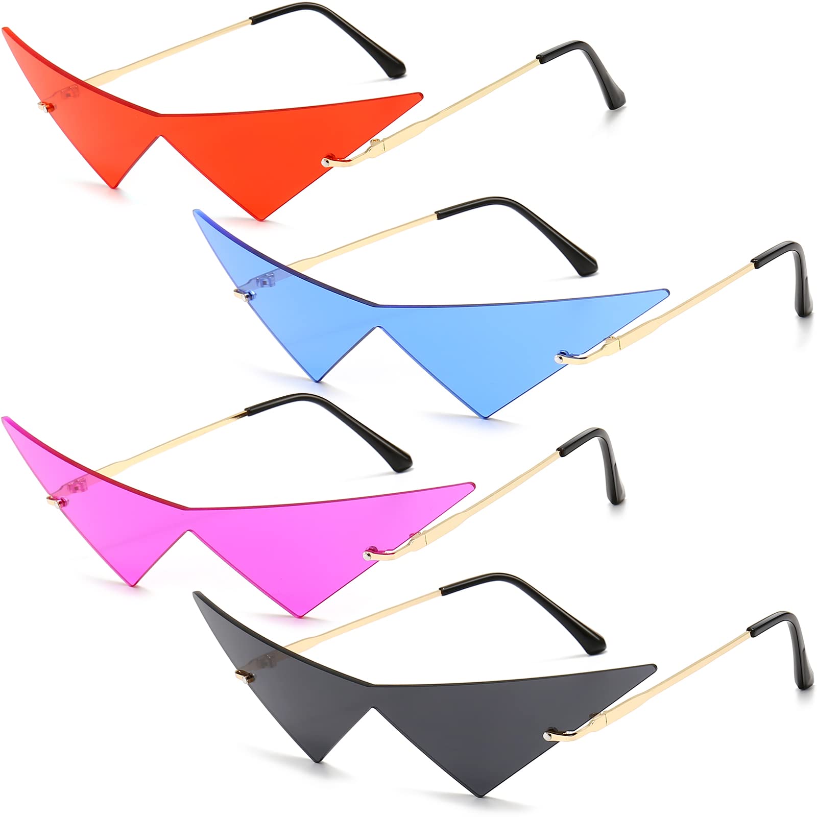 4 Pairs Triangle Sunglasses Frameless Space Eye Sunglasses Rimless Pointy Glasses Men Party Prom Sunglasses for Women and Men (Red, Blue, Gray, Purple)