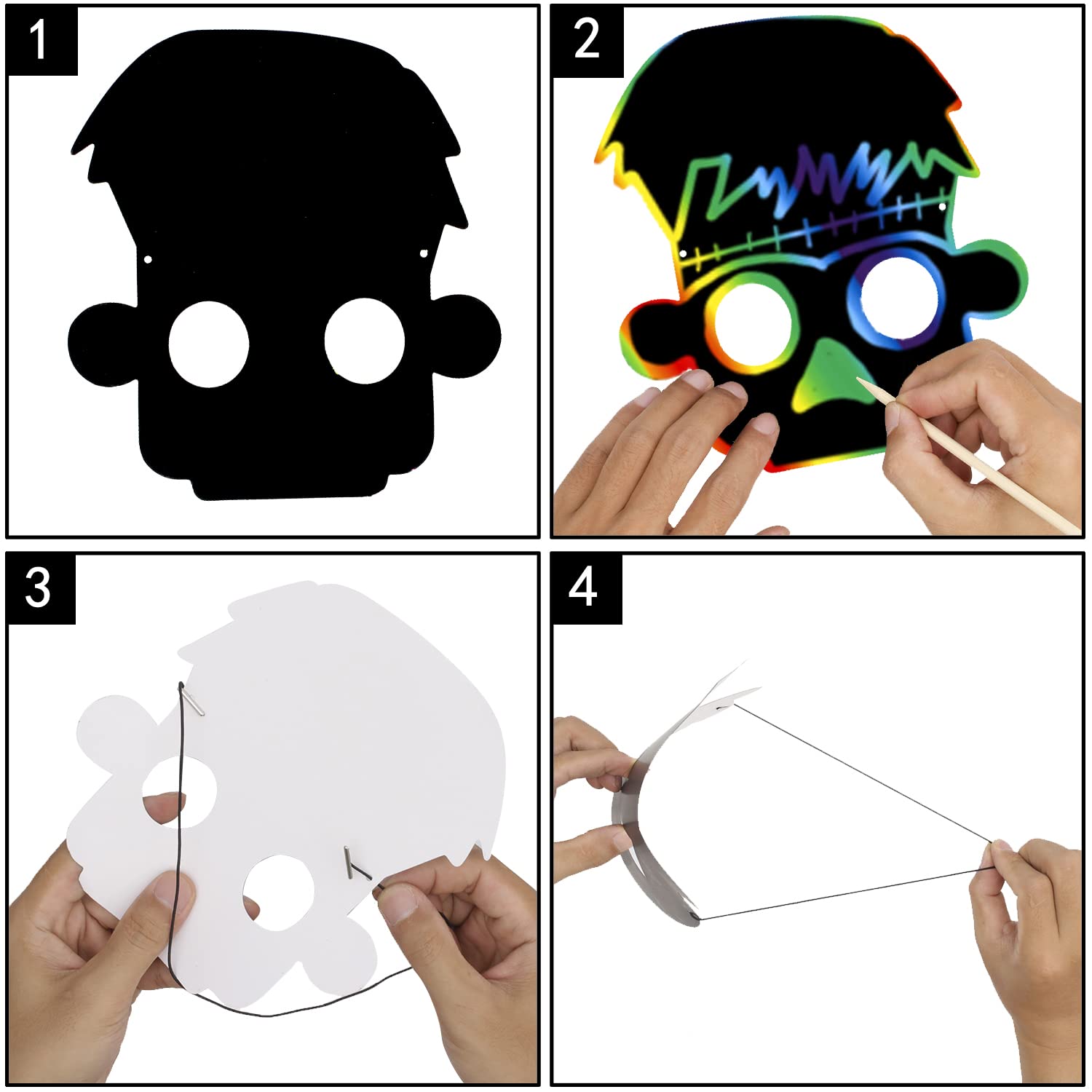 48PCS Halloween Rainbow Scratch Mask Art Craft Kit, Bat Witch Pumpkin Zombie Pirate Skull Magic Scratch Paper Art Mask for Halloween Party Crafts Classroom Decorations
