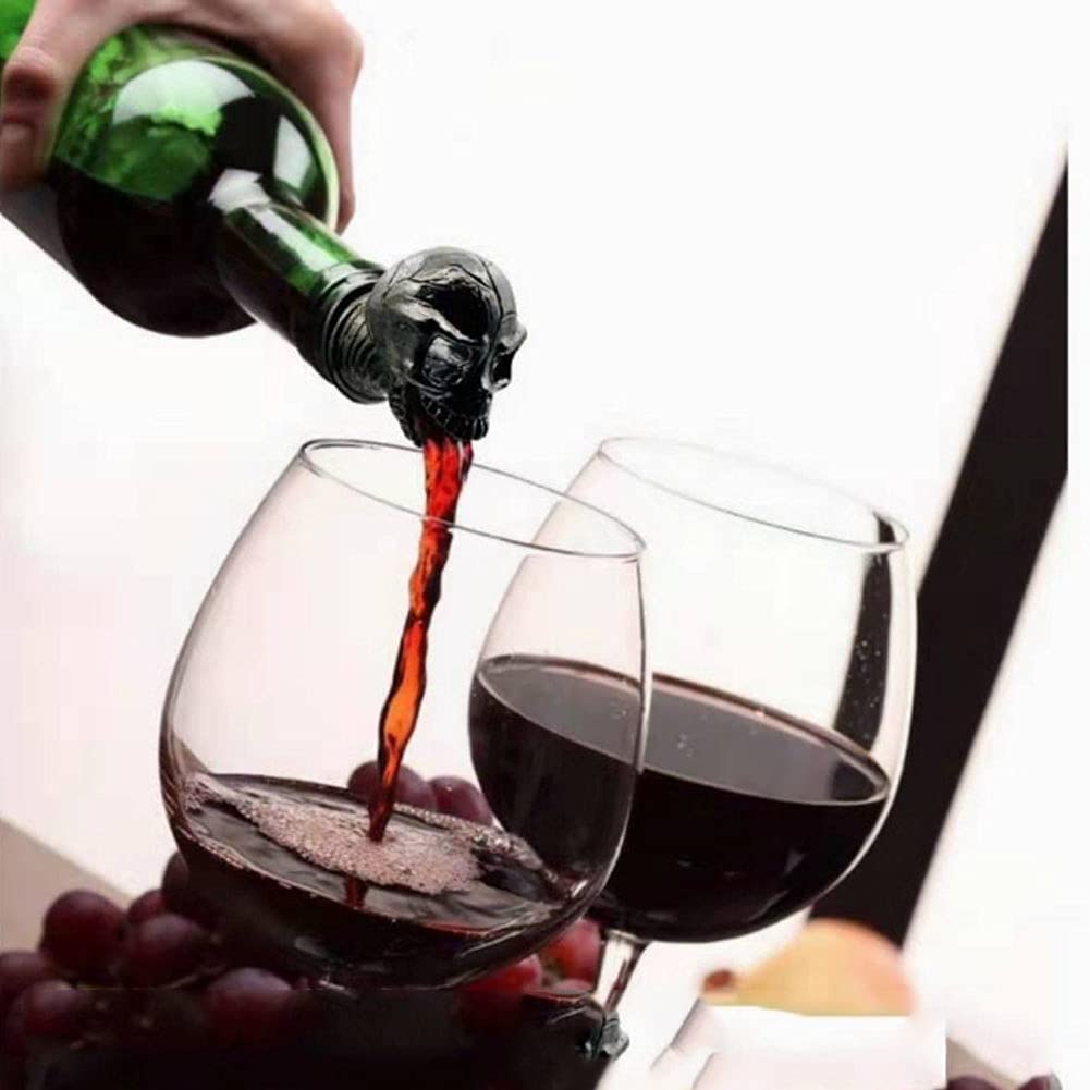 Ackron Skull Wine Stoppers Wine Pourer Spout Decorative for Whisky Wedding Wine Beverage Halloween Christmas Souvenirs Gift Home Kitchen 2 pieces (Black) (Black)