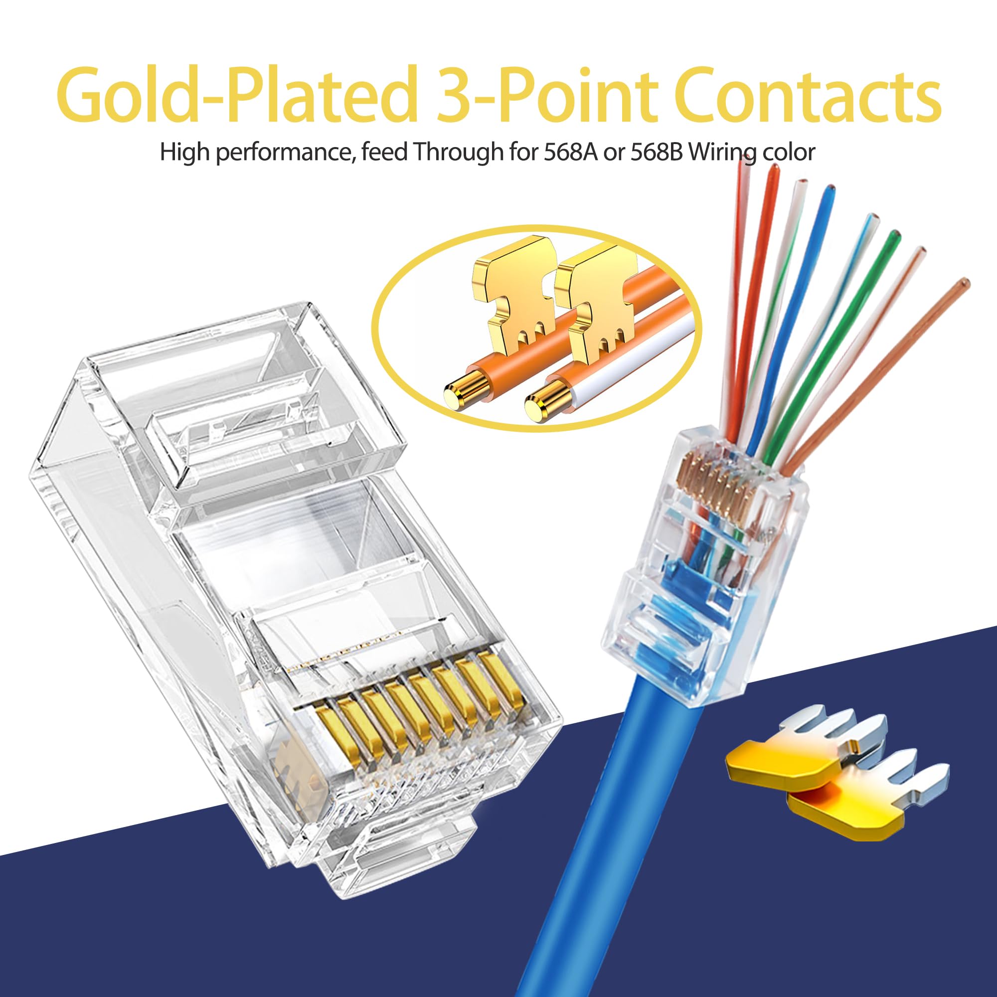 PETECHTOOL Cat6 RJ45 Connectors Pass Through Cat6 Cat5 Ethernet Connector 100-Pack with Wire Stripper for Solid or Stranded UTP Ethernet Cable