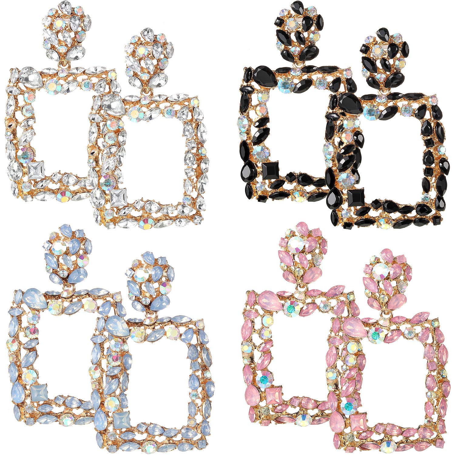 4 Pairs Rhinestone Crystal Dangle Earrings Rectangle Geometric Statement Earrings Rhinestone Drop Earrings Jewelry for Women