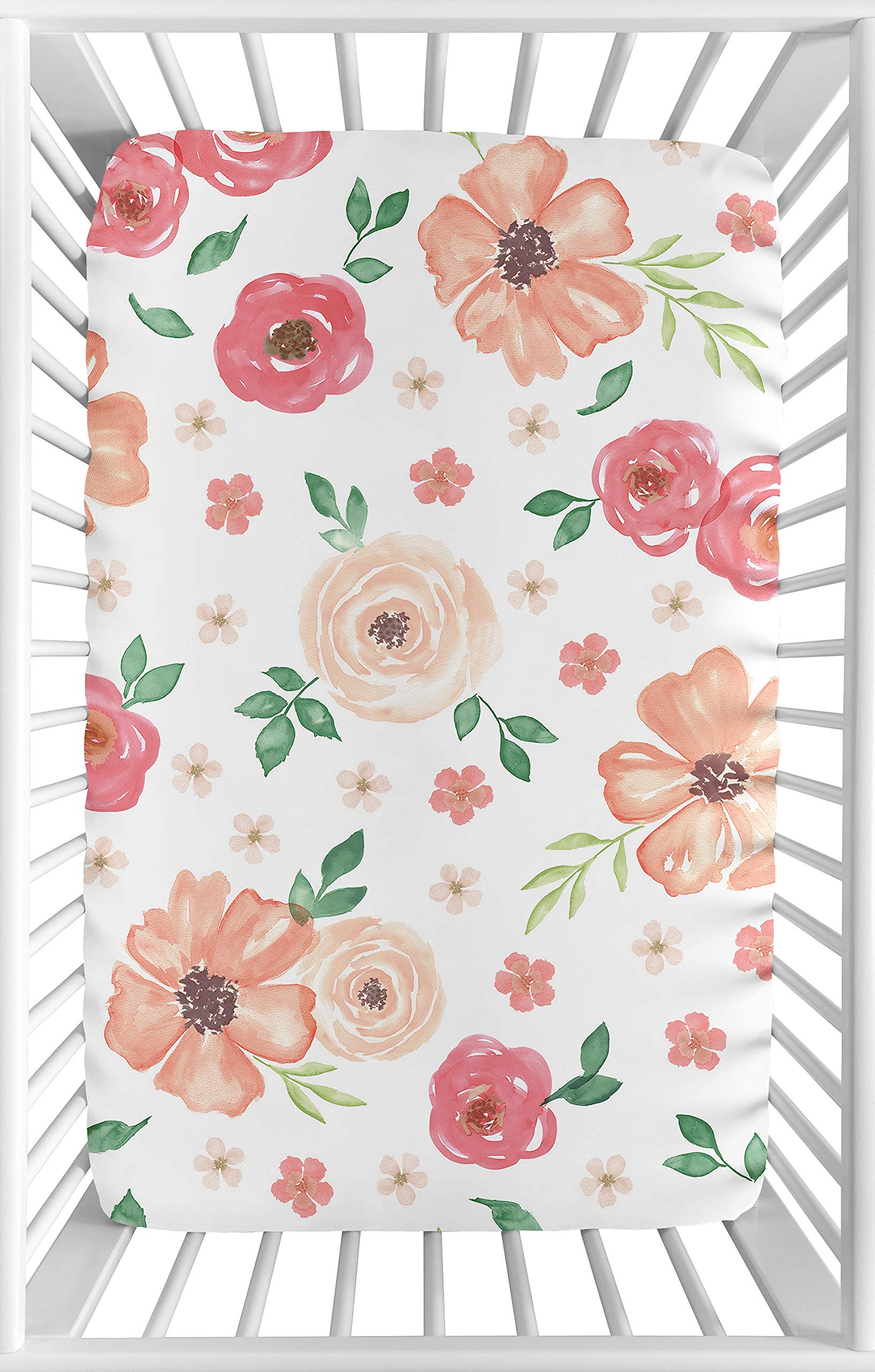 Sweet Jojo Designs Peach and Green Baby Girl Fitted Mini Portable Crib Sheet for Watercolor Floral Collection - Pink Rose Flower - for Mini Crib or Pack and Play ONLY