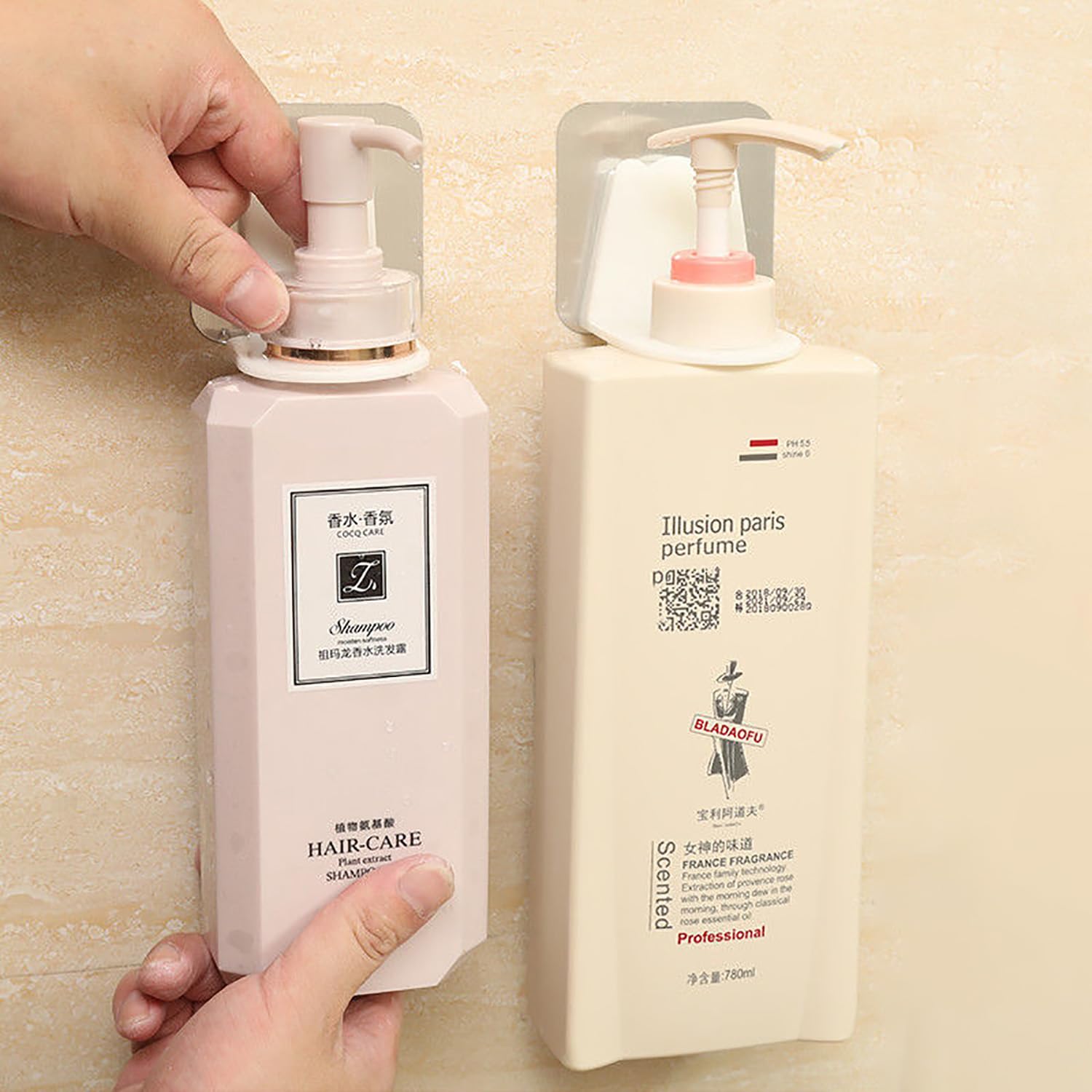 Ahijklmn Adhesive Bottle Holder,Self Adhesive Shower Gel Bottle Rack Plastic Sticky Shampoo Bottle Hook Holders Bracket Wall Mounted Hanging Shelf for Bathroom Dispensers