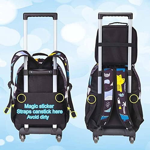 gxtvo Kids Rolling Backpack, Roller Wheels Boys Bookbag - Wheeled Suitcase Elementary School Bag - 3PCS Dinosaur