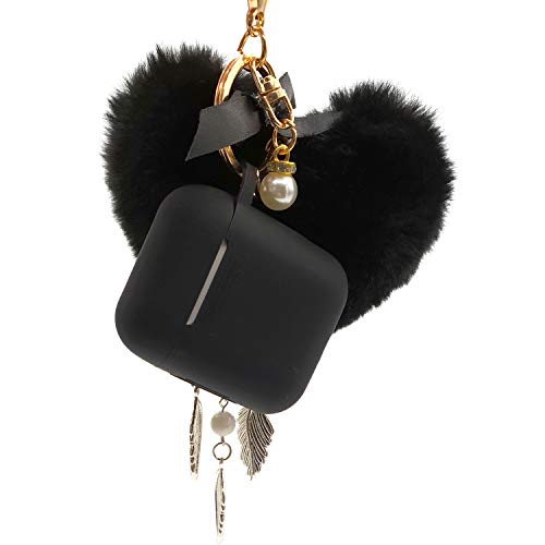 Silicone Skin and Cover Case Adorable Anti-Loss Replacement Fits for Apple AirPods 2/1 Charging Case Drop Proof Airpod Case with Elegant Fluffy Heart Shaped Fur Ball Dream Catchers Keychains