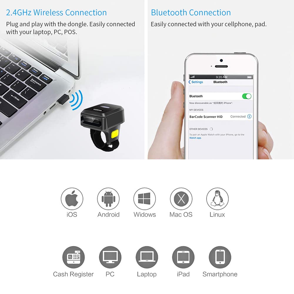 Alacrity 2D Wireless Ring Barcode Scanner,Portable Bluetooth Wearable Finger 1D 2D Mini Bar Code Reader Scanner Suppot Screen Scanning with Bluetooth & 2.4GHz Wireless & Wired Connection Scanner