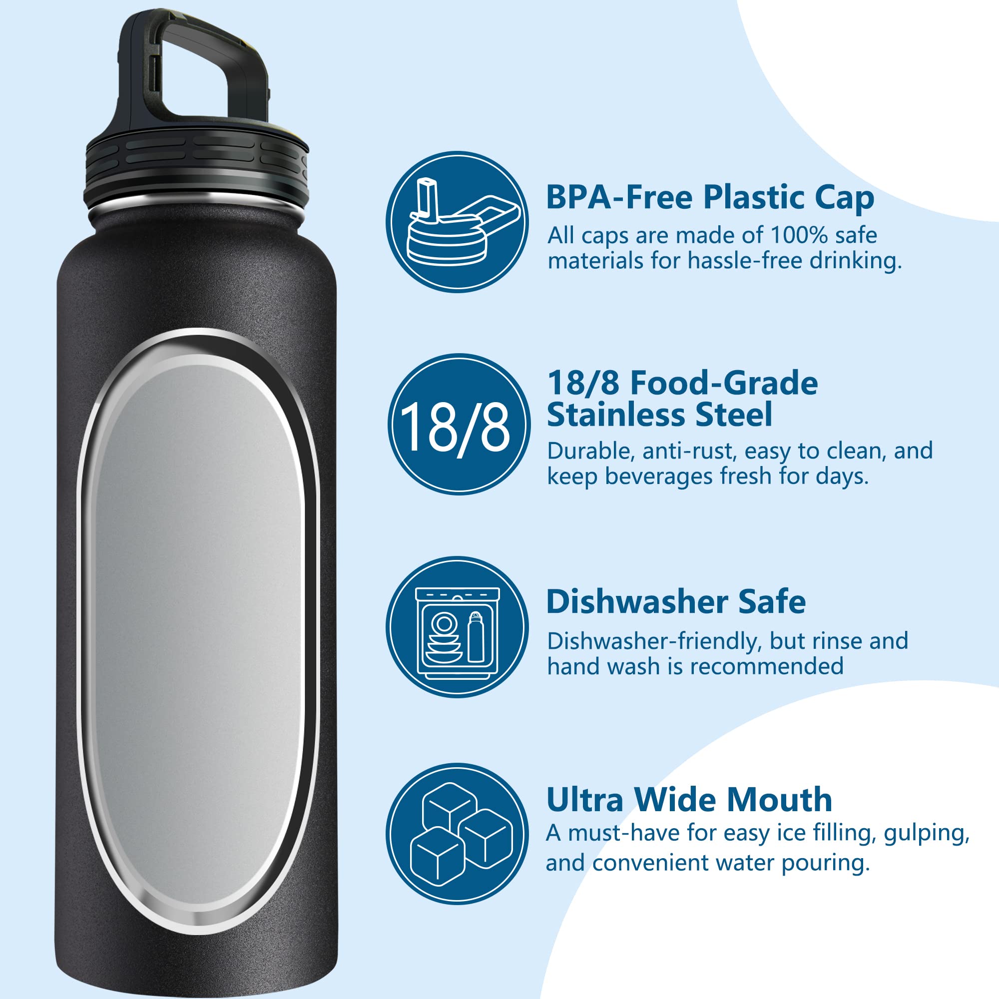 AEXPF 40 oz Insulated Water Bottle, Stainless Steel Vacuum Sports Water Bottle with 3 Lids, Durable Leakproof Metal Thermos, BPA-free Water Flask Jug with Strap, 2pc