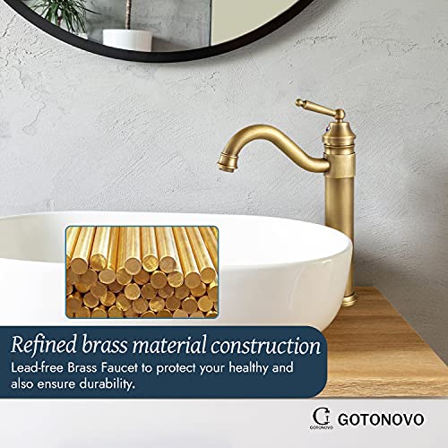 Antique Brass Single Handle Bathroom Sink Faucet Brushed Brass Long Reach Bathroom Faucet Mixer Tap Brushed Brass Pop Up Drain Without Overflow Included Hot and Cold Water